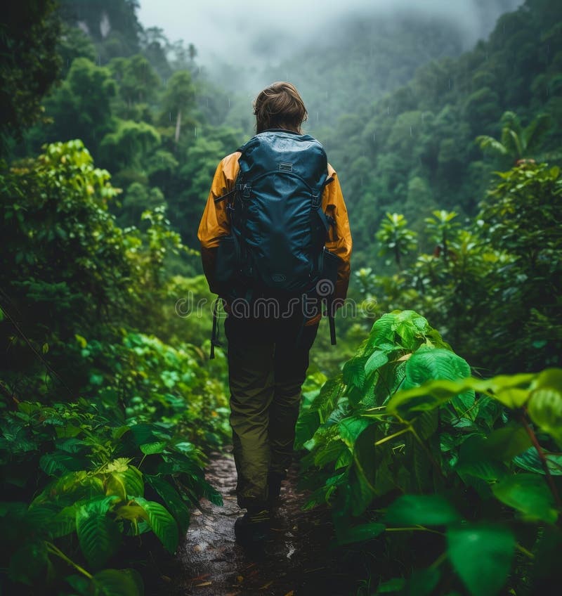 Backpacker Trekking a Lush Jungle Path in the Rain, Surrounded by ...