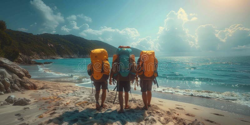 Backpackers Adventuring on a Scenic Beach, Exploring, Hiking, and ...