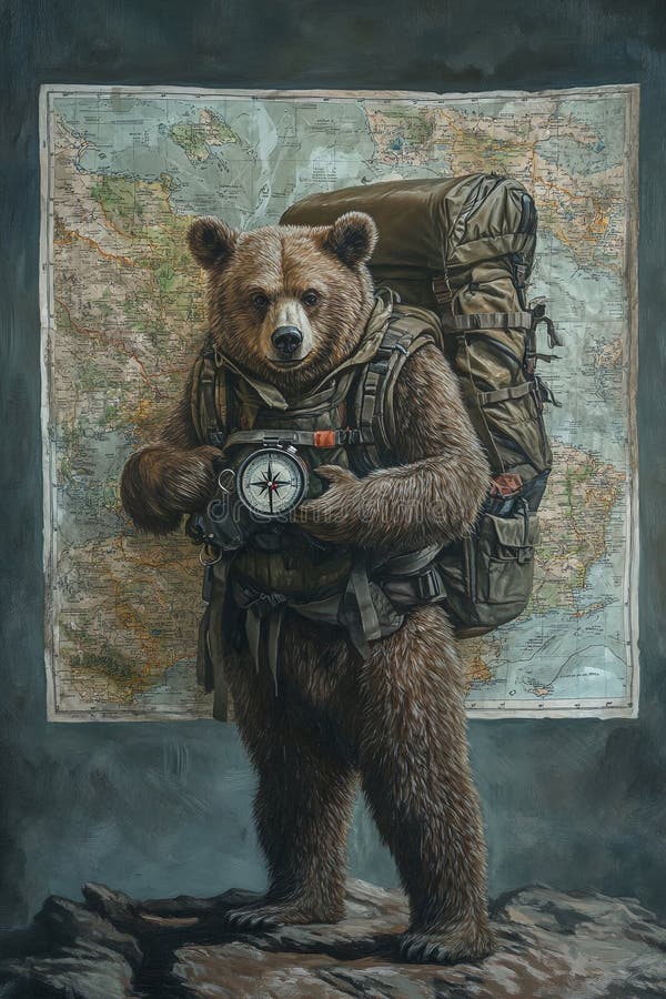 A Backpacking Bear with Map and Compass Stock Illustration ...