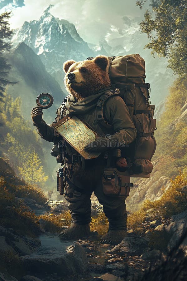 A Backpacking Bear with Map and Compass Stock Illustration ...