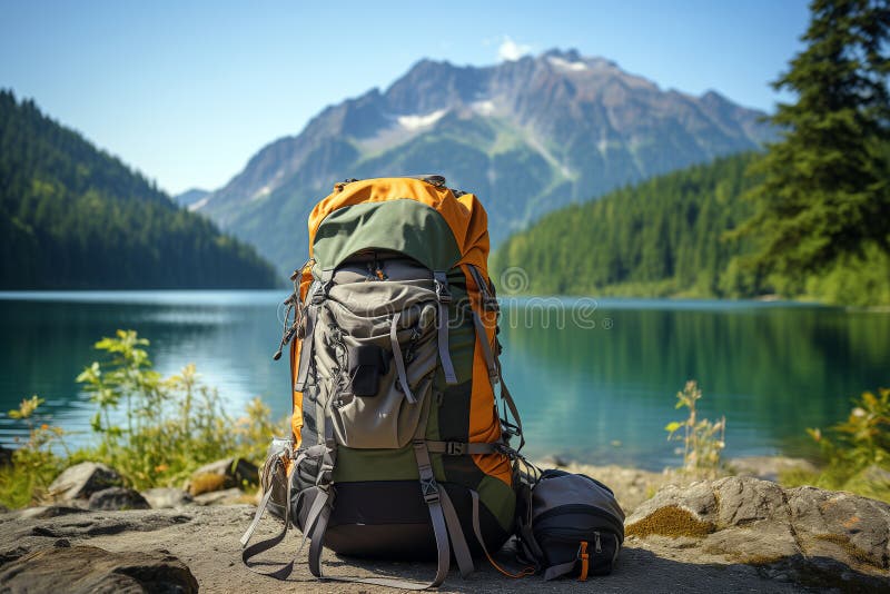 Backpacking Gear by a Mountain Lake. Background with Selective Focus ...