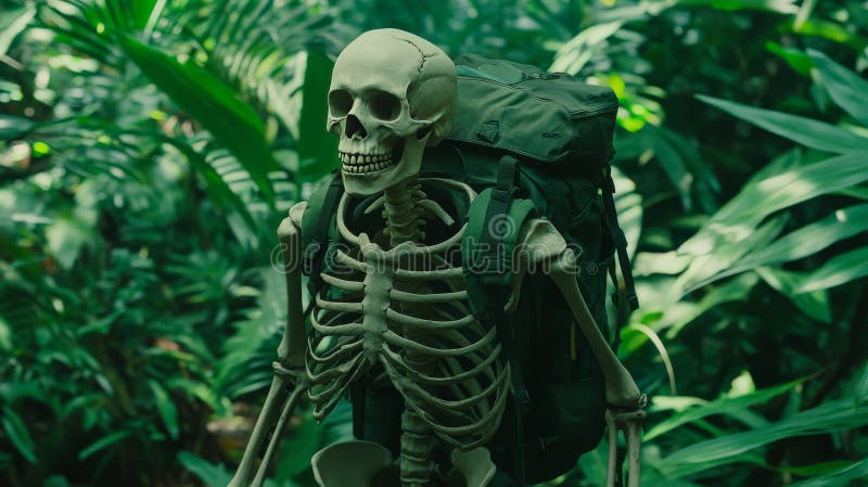 Backpacking Skeleton Surrounded by Dense Green Foliage Stock Photo ...