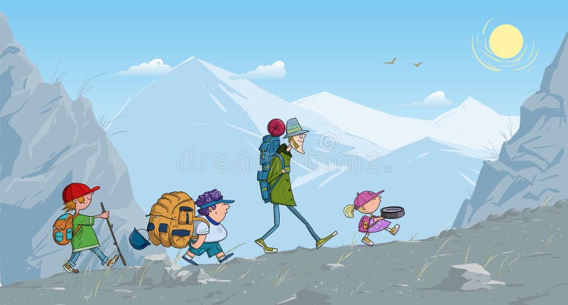 Backpacking Tourist Kids Go through the Mountains Cartoon Stock Vector ...