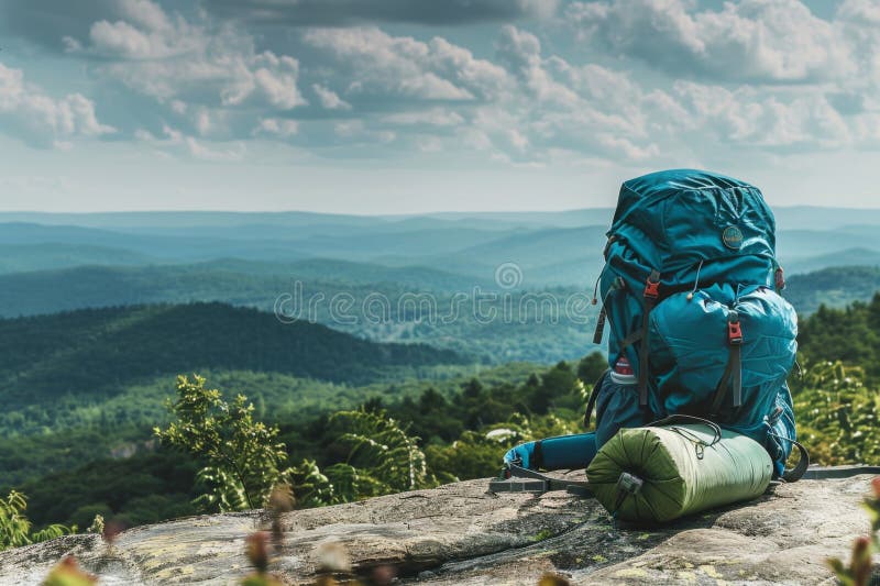 Backpacking in the Wild with a Panoramic View of Mountains. a Blue ...