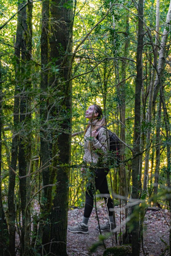 Backpacking Woman Hiking through Trees Looking at the Sky in Pyrenees ...