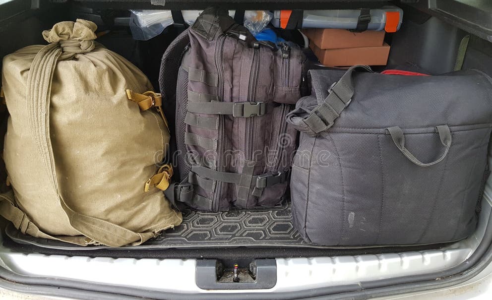 Backpacks and Bags in the Trunk of a Car Stock Photo - Image of journey ...