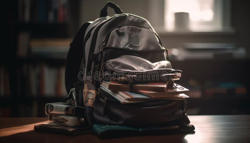 Backpacks and Books Stack High in Library Generated by AI Stock ...