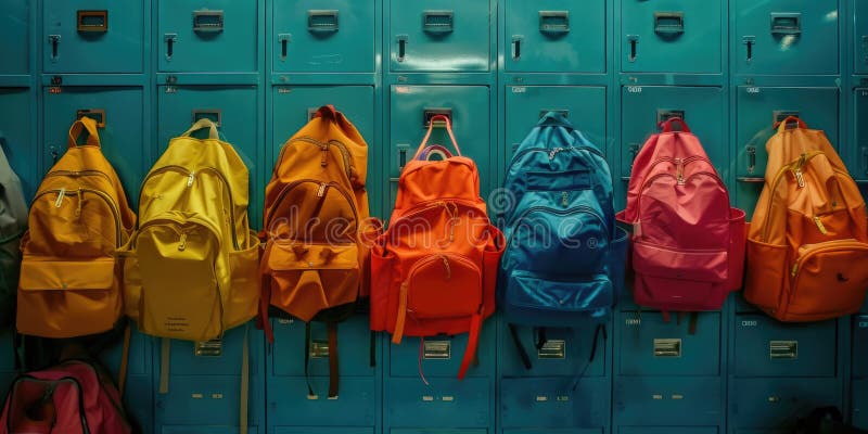 Backpacks Hang on a Wall, Displaying Various Colors and Designs Stock ...