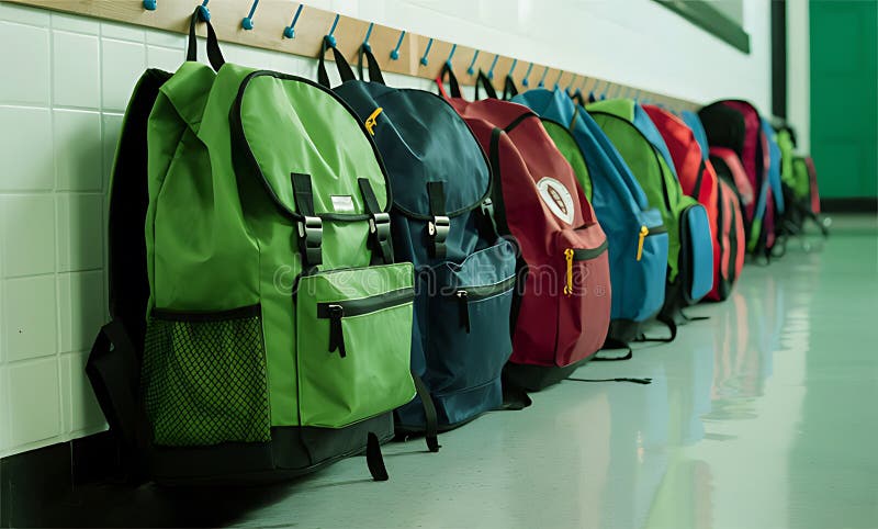 Different Color Backpacks Lined Up Along the Wall Stock Illustration ...
