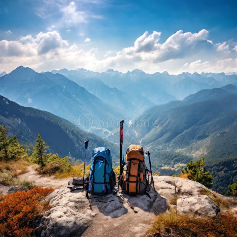 Backpacks on Mountain Summit Overlooking Breathtaking Valley Stock ...