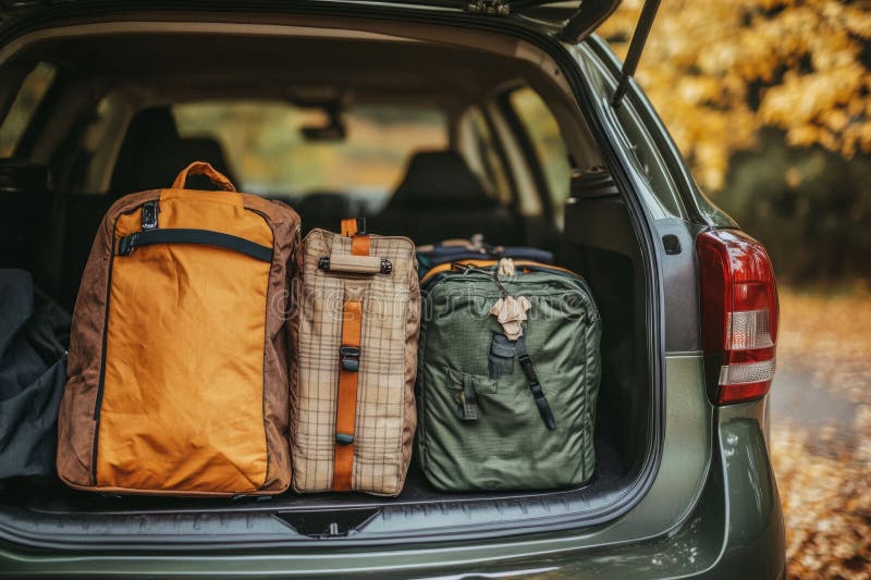 Backpacks are Packed in a Car Trunk, Ready for a Road Trip Adventure in ...