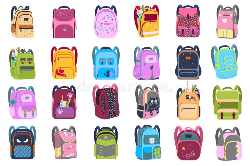 Backpacks Set with Cute Cartoon Elements in Flat Design. Stock ...