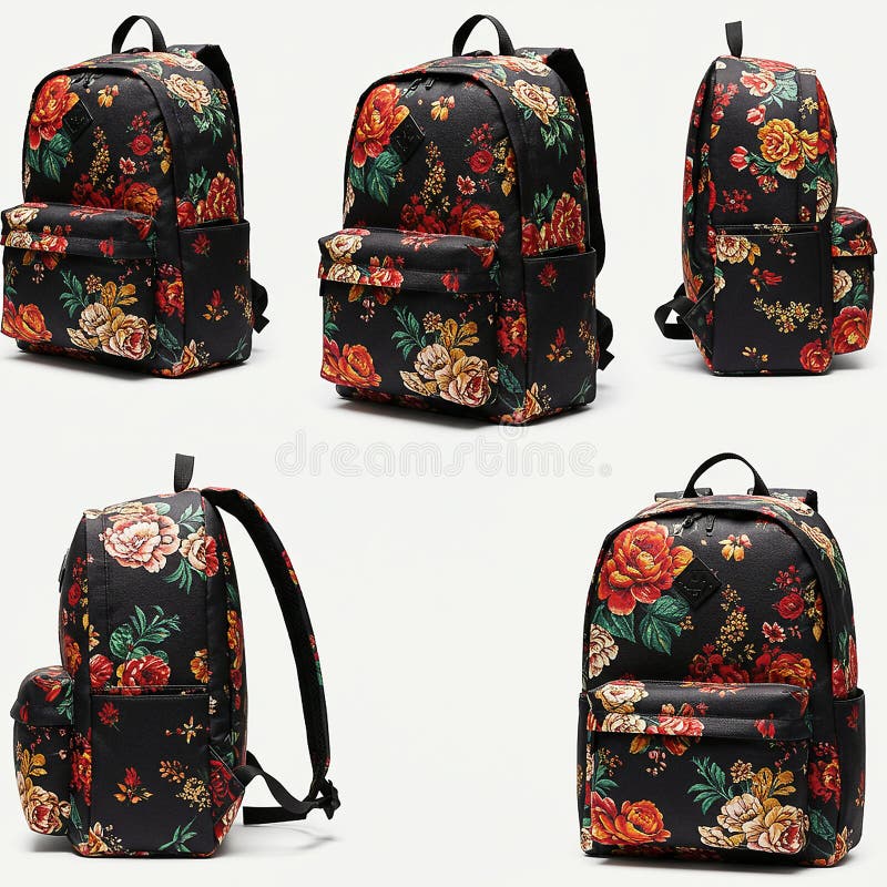 Backpacks with Vibrant Floral Patterns on a Black Background are Shown ...