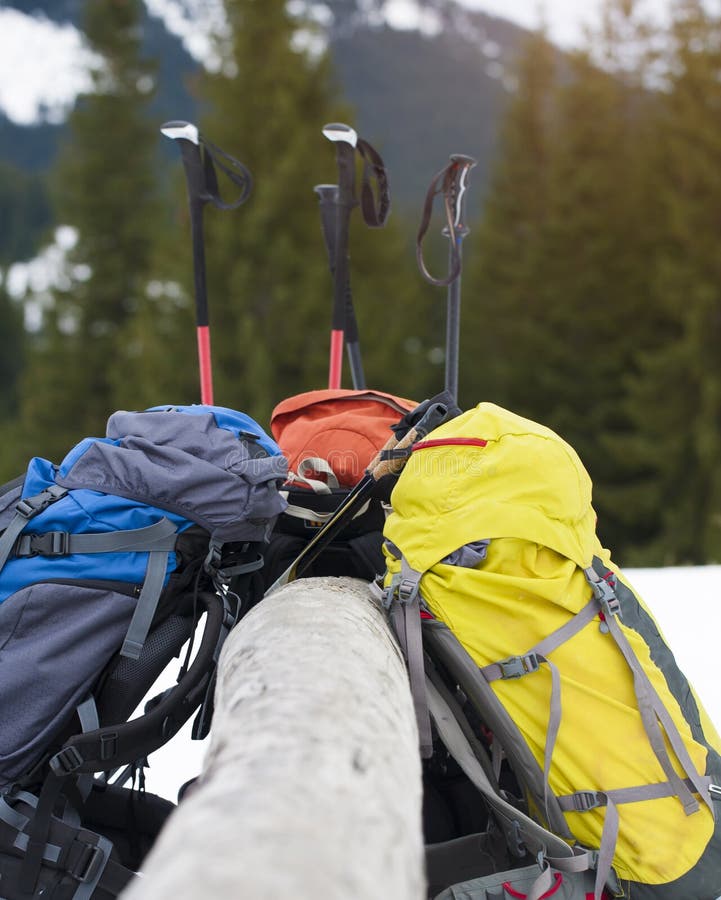Backpacks and Walking Sticks. Stock Image - Image of mount, loading ...