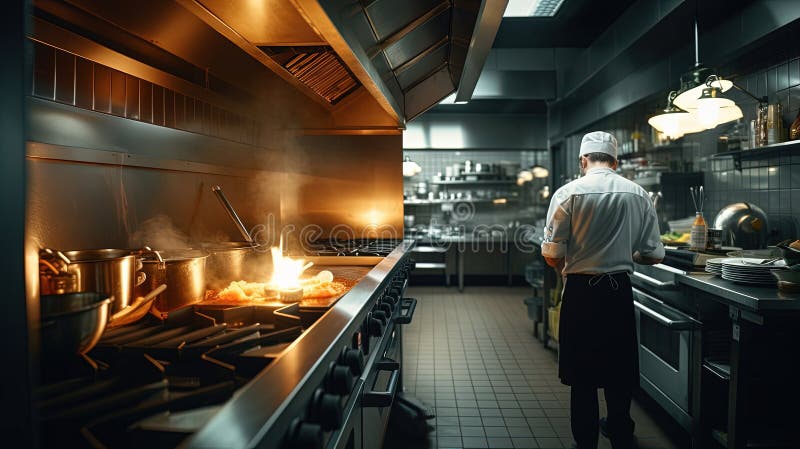 The Backside of a Chef is Cooking in the Modern Restaurant Kitchen ...