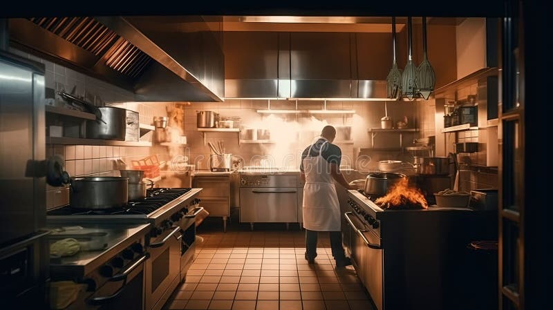Backside of a Chef is Cooking in the Modern Restaurant Kitchen Stock ...