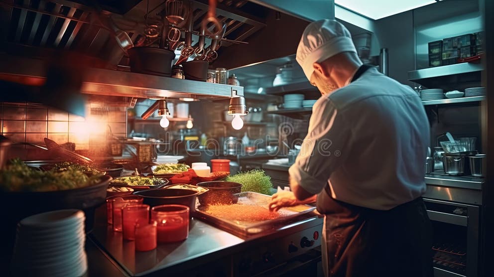 Backside of a Chef is Cooking in the Modern Restaurant Kitchen Stock ...