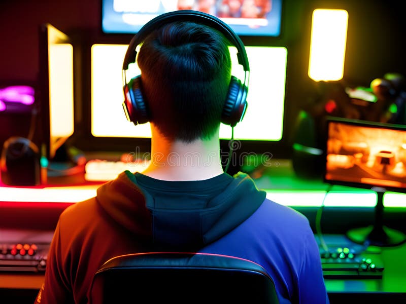 The Backside of a Gamer Playing a Computer Game in a Dark Room Stock ...