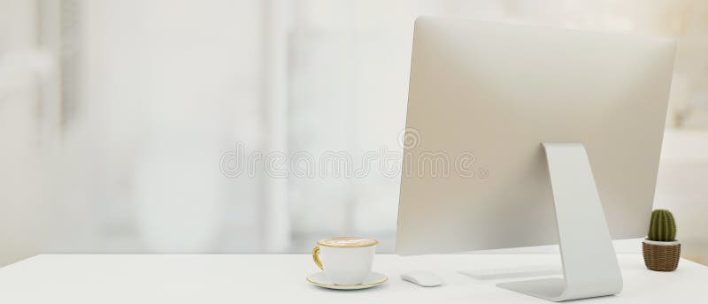 Backside Silver Desktop Computer with Copy Space on White Top Table ...