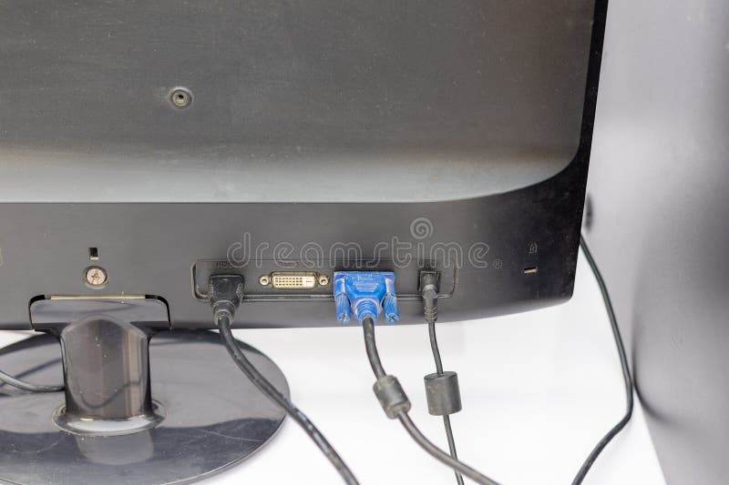 Backside View of a Computer Monitor with Connected Cables Stock Photo ...