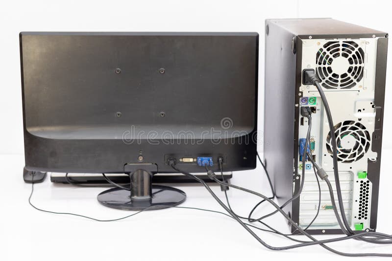 Backside View of a Desktop Computer and Monitor with Connected Cables ...