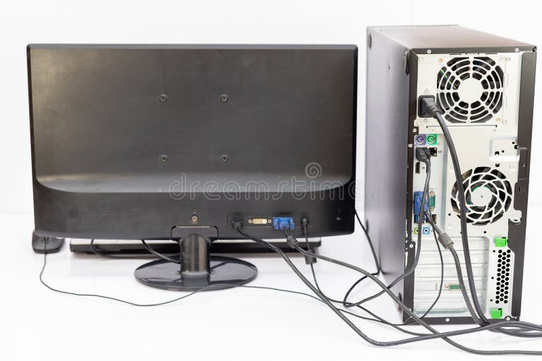 Backside View of a Desktop Computer and Monitor with Connected Cables ...
