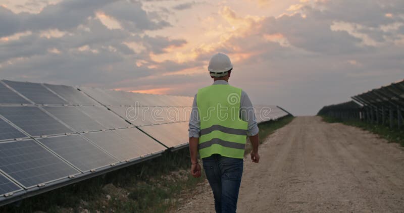 Backside View of Male Engineer in Uniform Walking and Looking at Solar ...