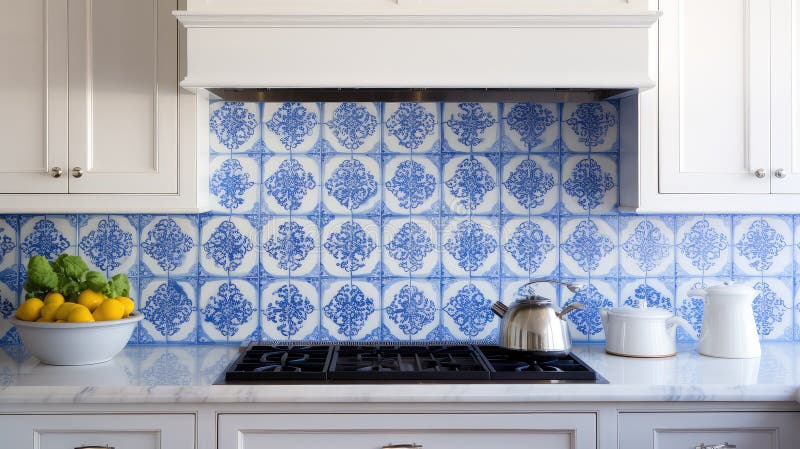 Backsplash Blue and White Tiles Stock Illustration - Illustration of ...