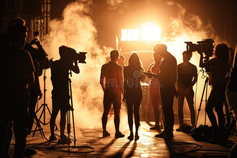 Backstage Comedy Film Set with Silhouetted Crew and Bright Backlighting ...