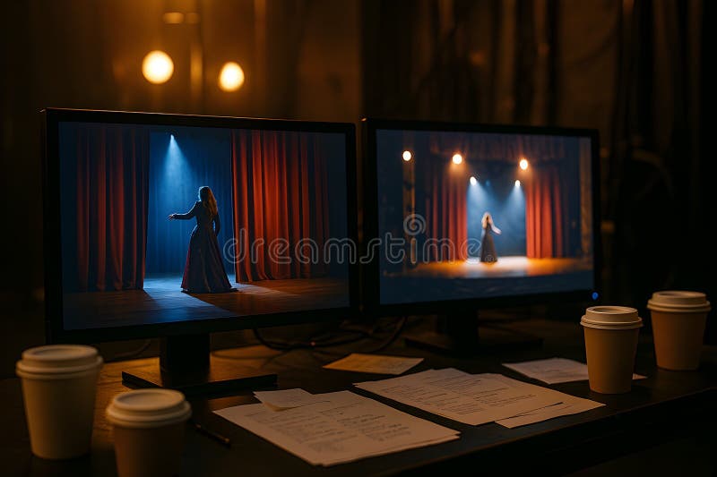 Backstage Monitors Showing Stage Performance with Scripts Stock ...