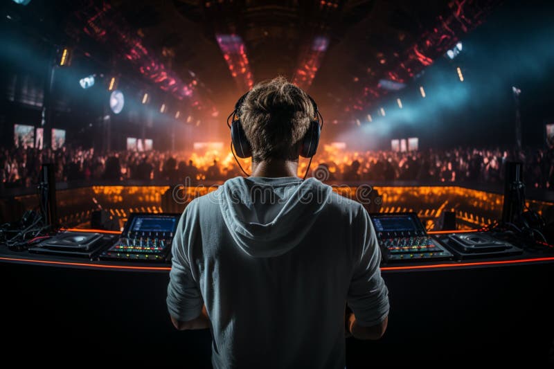 Backstage Rhythm Captivating Perspective of a DJ in Action from Behind ...
