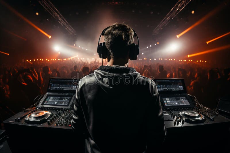 Backstage Rhythm Captivating Perspective of a DJ in Action from Behind ...