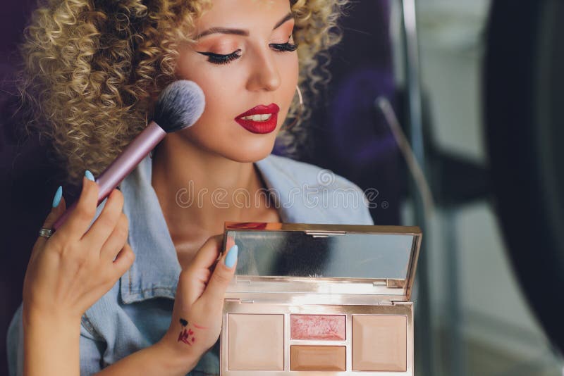 Backstage Scene Professional Make Up Artist Doing Glamour Model Makeup