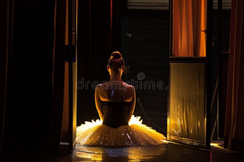 Backstage View of Ballerina Waiting in the Wings, Stage Light on Tutu ...