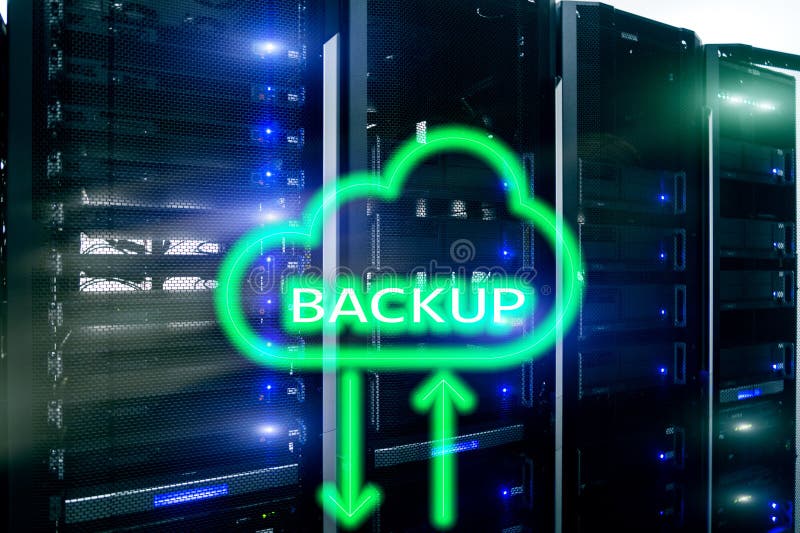 Backup Button on Modern Server Room Background. Data Loss Prevention ...