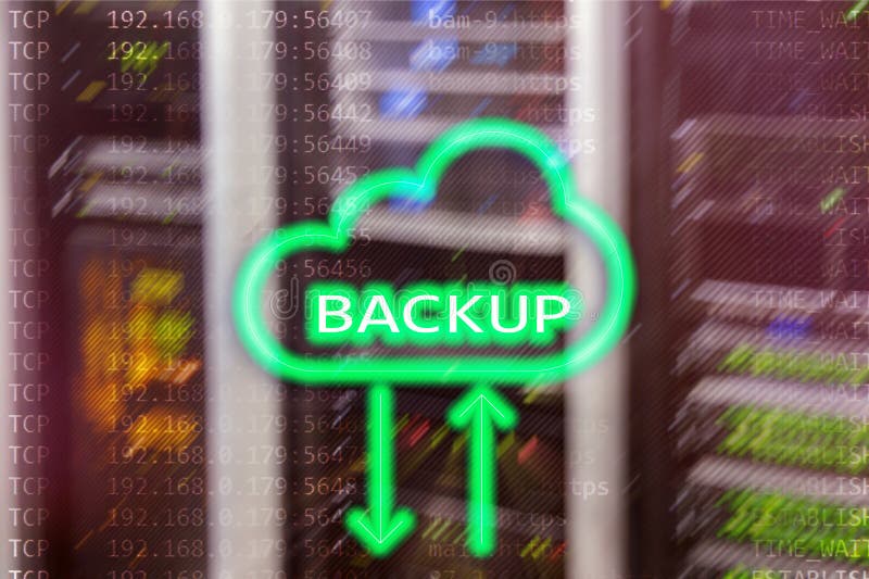 Backup Button on Modern Server Room Background. Data Loss Prevention ...