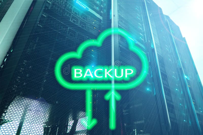 Backup Button on Modern Server Room Background. Data Loss Prevention ...