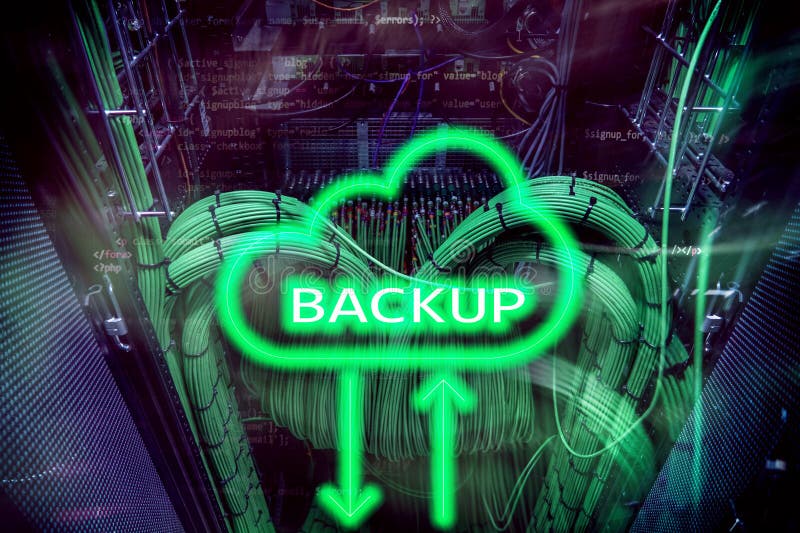 Backup Button on Modern Server Room Background. Data Loss Prevention ...