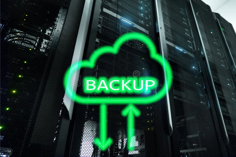 Backup Button on Modern Server Room Background. Data Loss Prevention ...