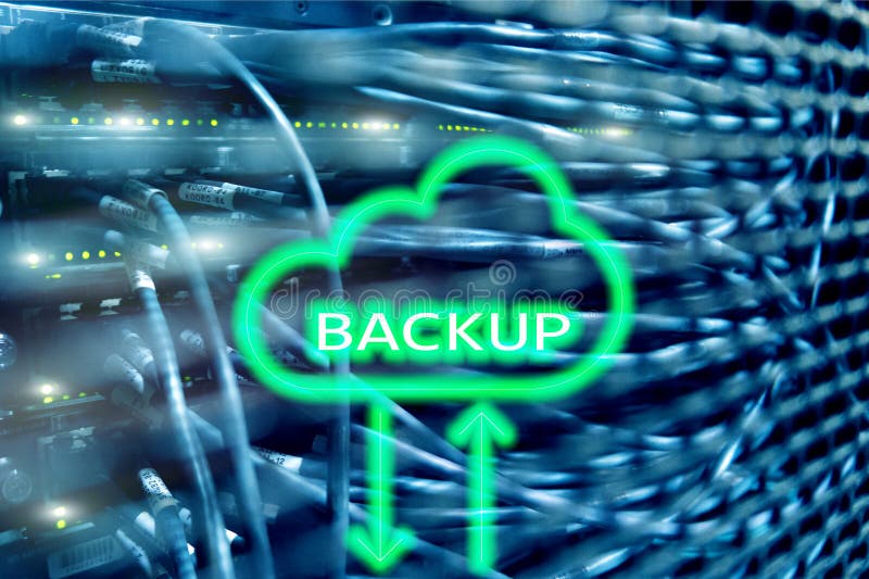 Backup Button on Modern Server Room Background. Data Loss Prevention ...