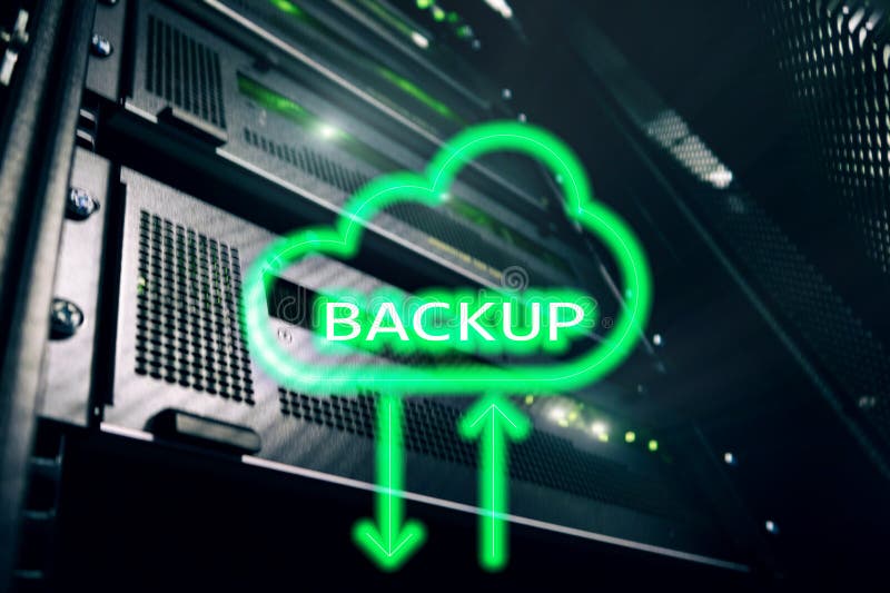 Backup Button on Modern Server Room Background. Data Loss Prevention ...