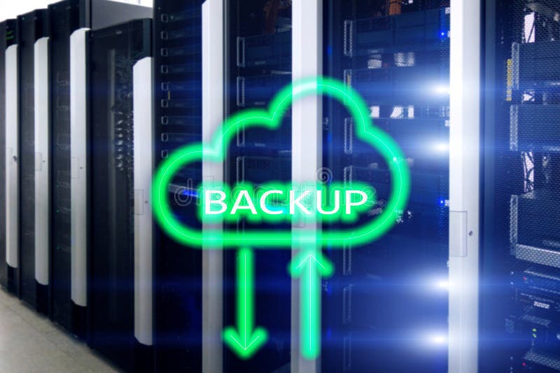 Backup Button on Modern Server Room Background. Data Loss Prevention ...