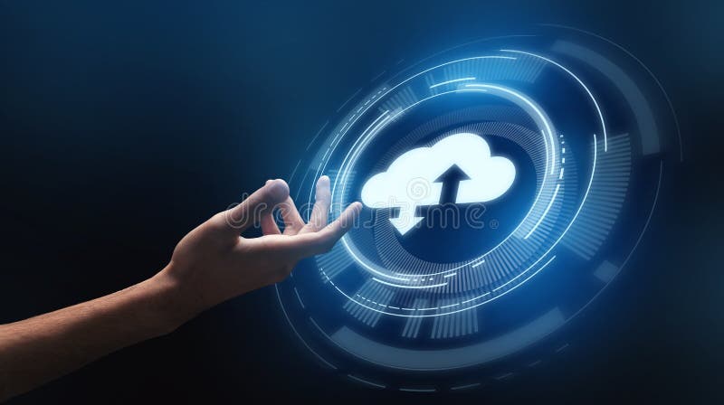 Backup Data. Male Hand Touching Storage Cloud Icon on Digital Screen ...