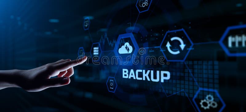 Backup Disaster Recovery. Hand Pressing Button on Screen Stock Image ...