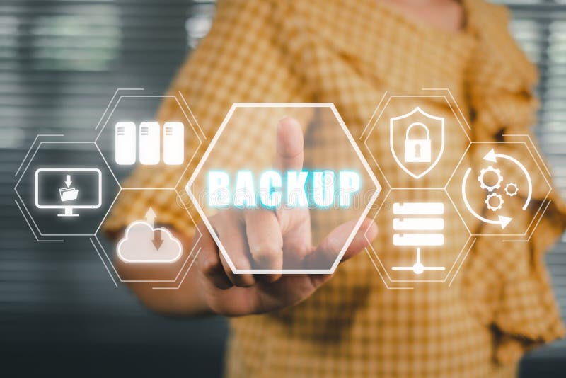 Person Hand Touching Backup Icon on Virtual Screen Stock Image - Image ...