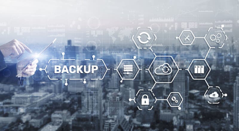 Backup Storage Data Technology Concept. Businessman Touching Backup ...