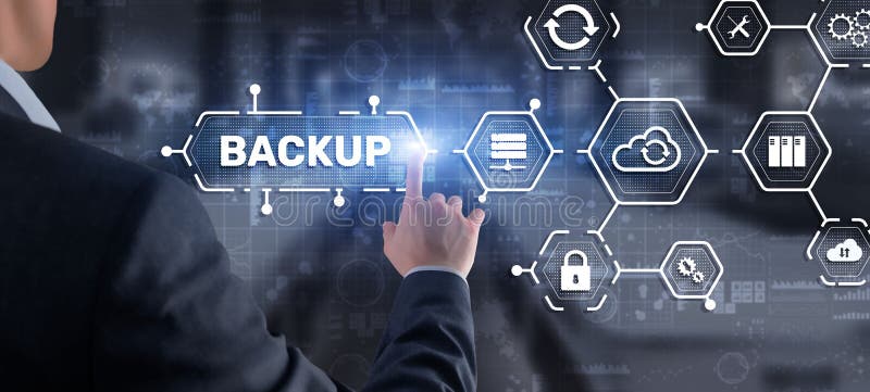 Backup Storage Data Technology Concept. Businessman Touching Backup ...
