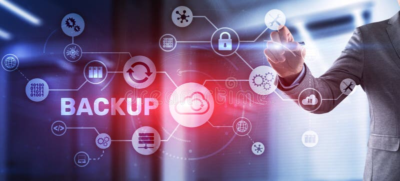 Backup Storage Data Technology Concept. Businessman Touching Backup ...