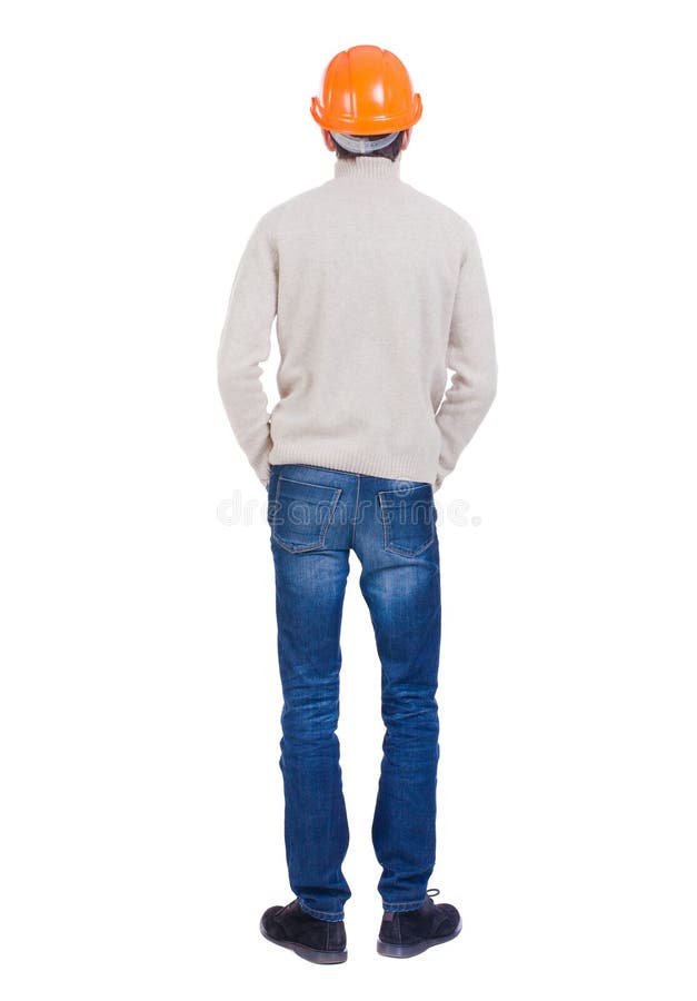 Backview of an Engineer in Construction Helmet Stands. Standing Stock ...