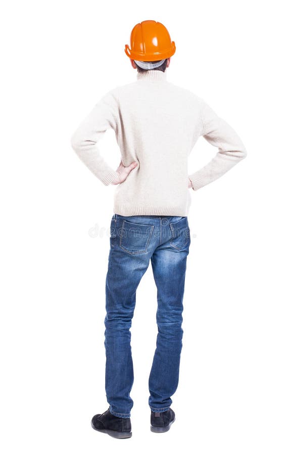 Backview of an Engineer in Construction Helmet Stands. Standing Stock ...